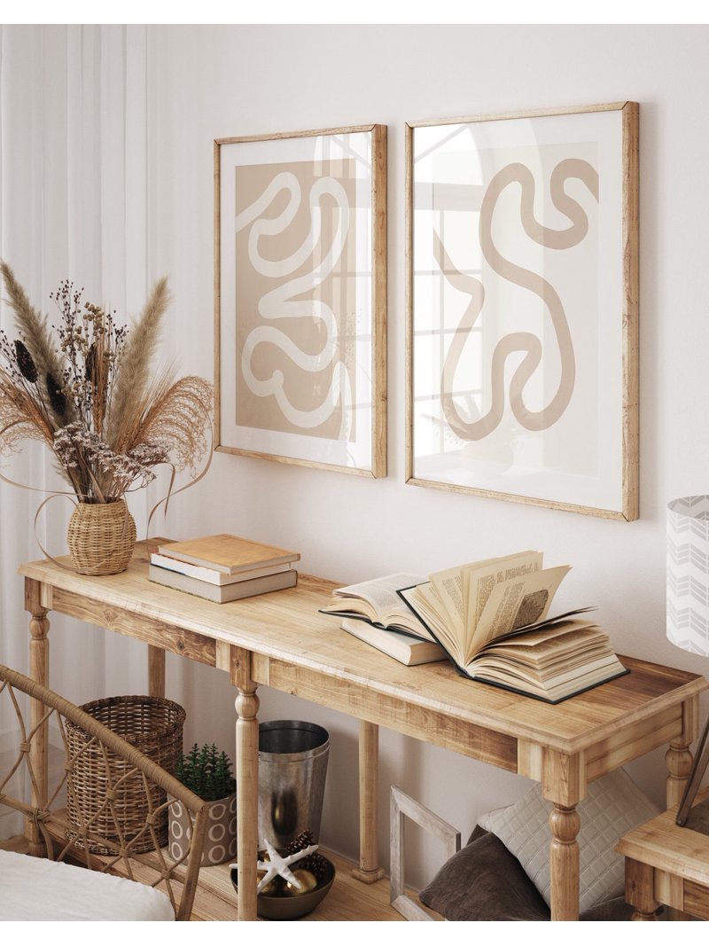 Set Of 2 Beige And White Abstract Line Wall Art Prints, Minimalist ...