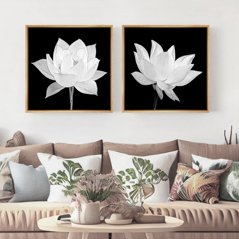 Set Of 2 Black And White Lotus Flower Minimalist Modern Wall Art Prints ...