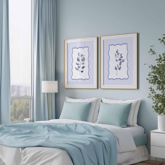 Set Of 2 Blue Botanical Leaf Stripes Eucalyptus Leaves Wall Art Prints ...