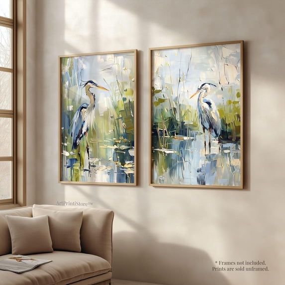 Set Of 2 Blue Heron Bird Coastal Marsh Wildlife Landscape Earth Tones ...