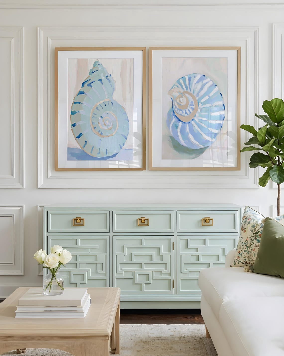 Set Of 2 Blue Seashell Wall Art Prints, Coastal Nautilus Shell, Minimal ...