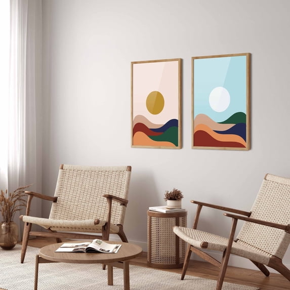 Set Of 2 Boho Mountain Landscape Wall Art Prints, Chic Sun, Study Room ...