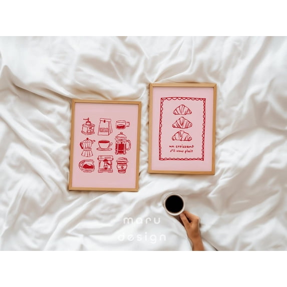 Set Of 2 Coffee And Croissant Wall Art Prints, Hand Drawn, Cute Bar ...