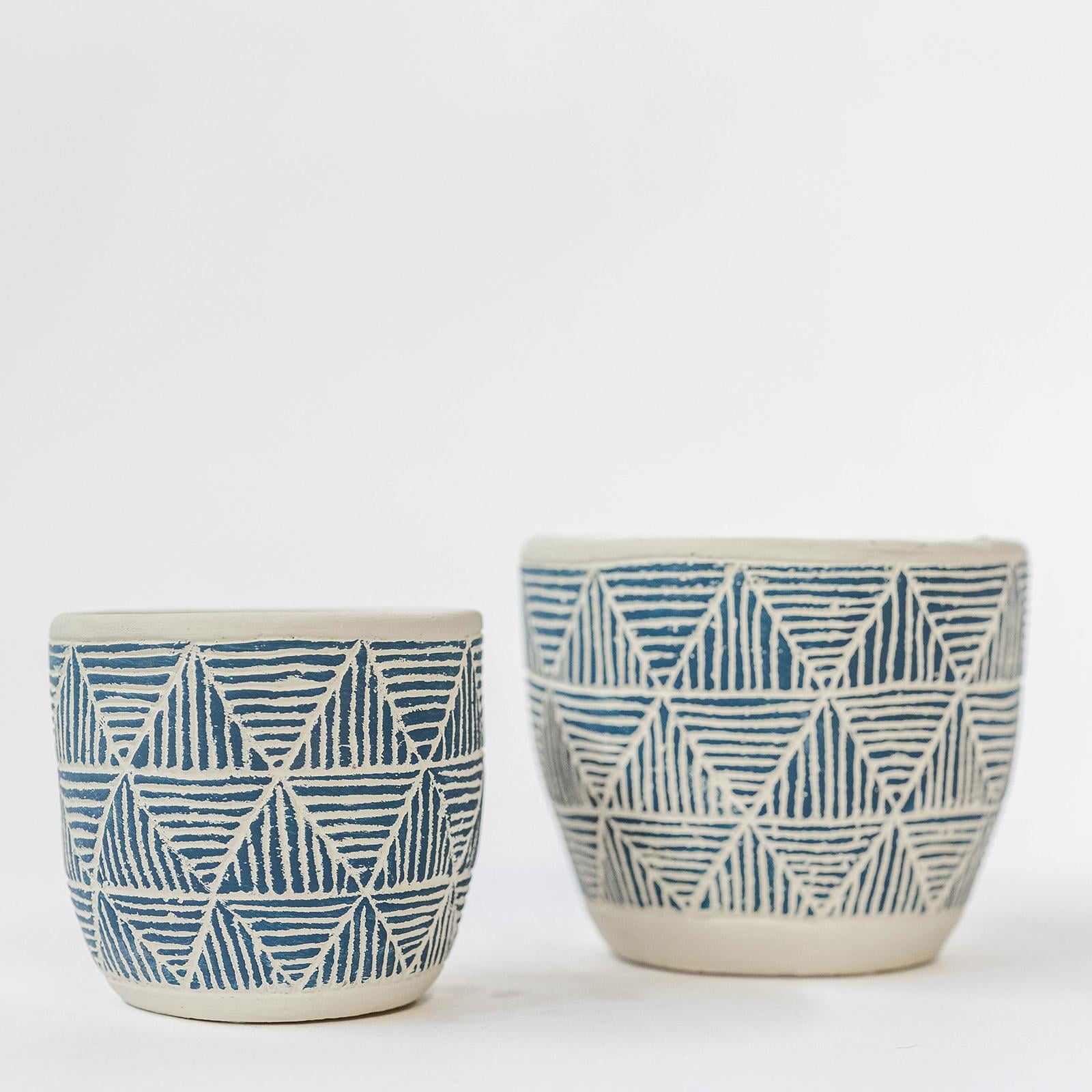 Unbranded Set Of 2 Cream With Blue Triangle Patterns Planters - Walmart.com