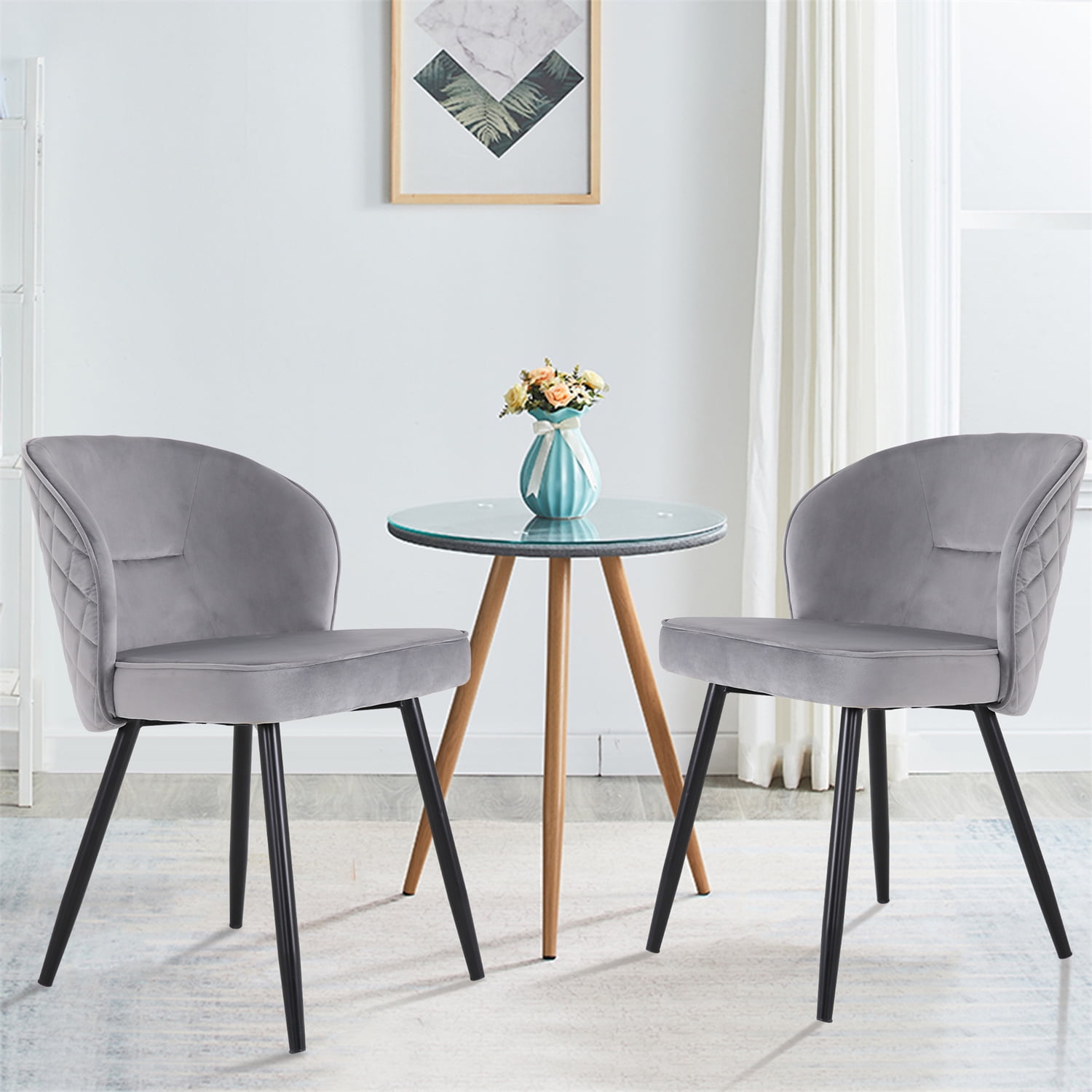 Set Of 2 Dining Chairs, Velvet Upholstered Kitchen Chairs with Back ...