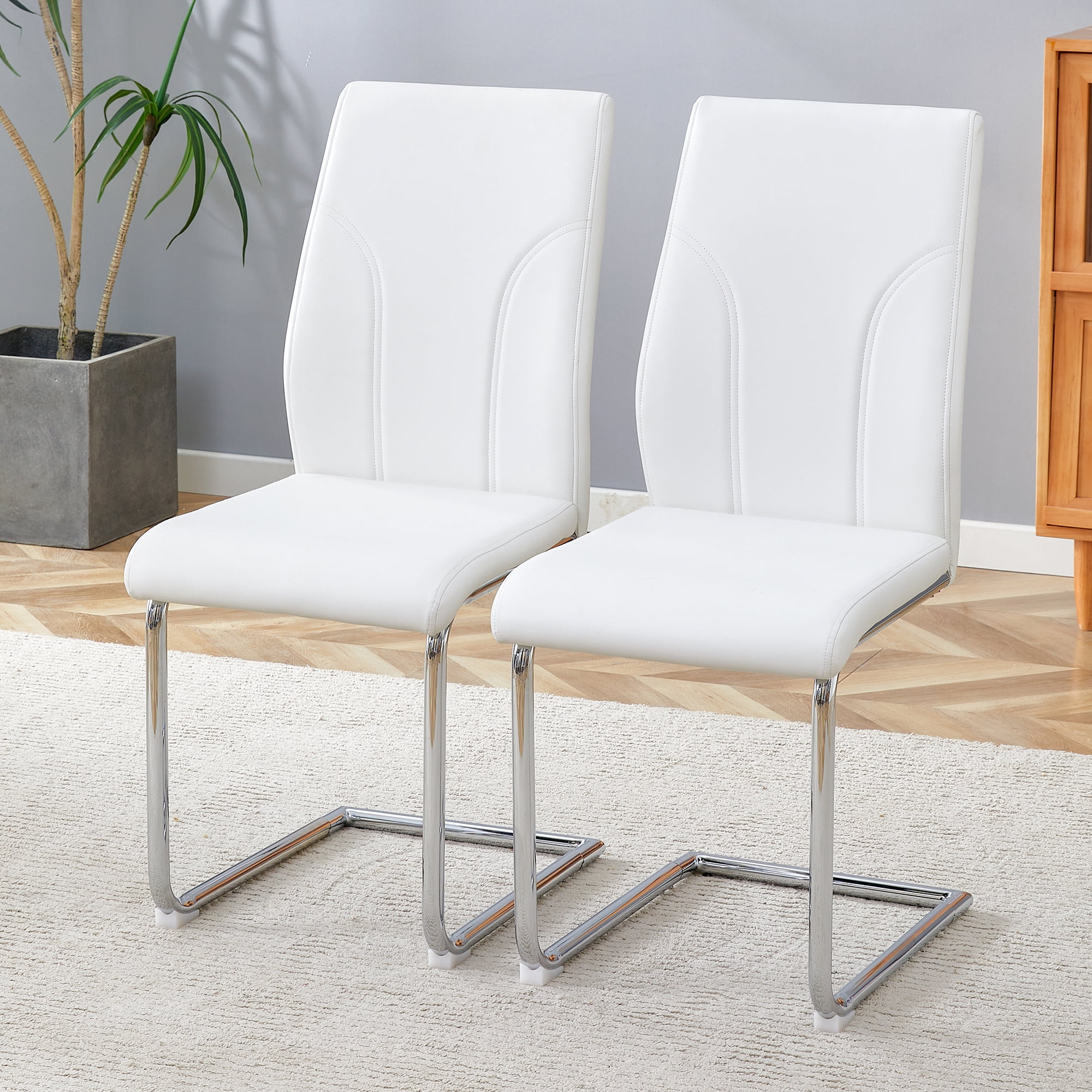 Set Of 2 Dining Chairs,White Dining Chair Set,Pu Material High Backrest ...