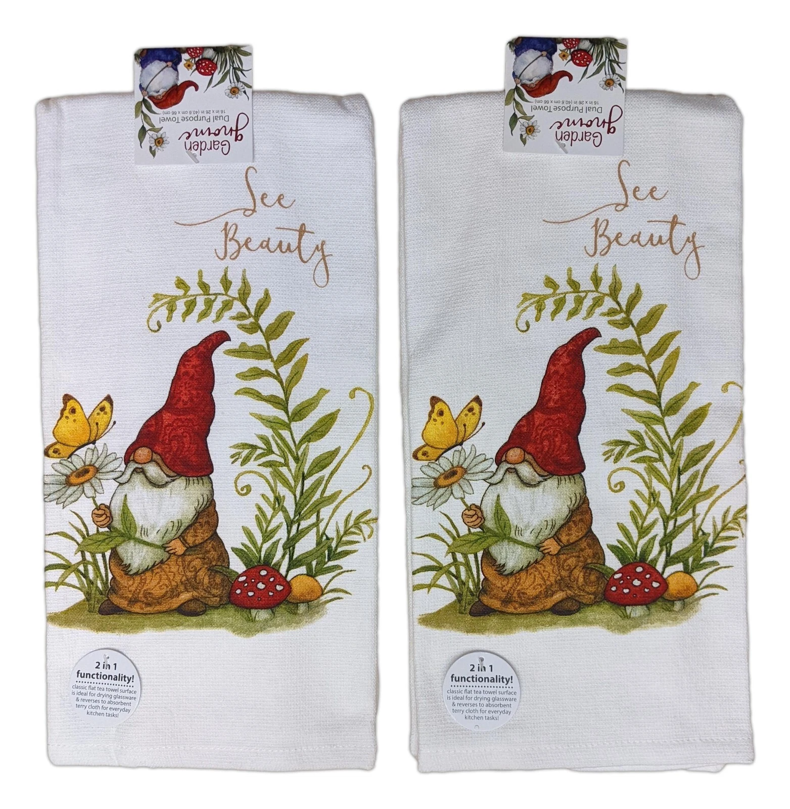 Set Of 2 Garden Gnome See Beauty Terry Kitchen Towels By Kay Dee ...