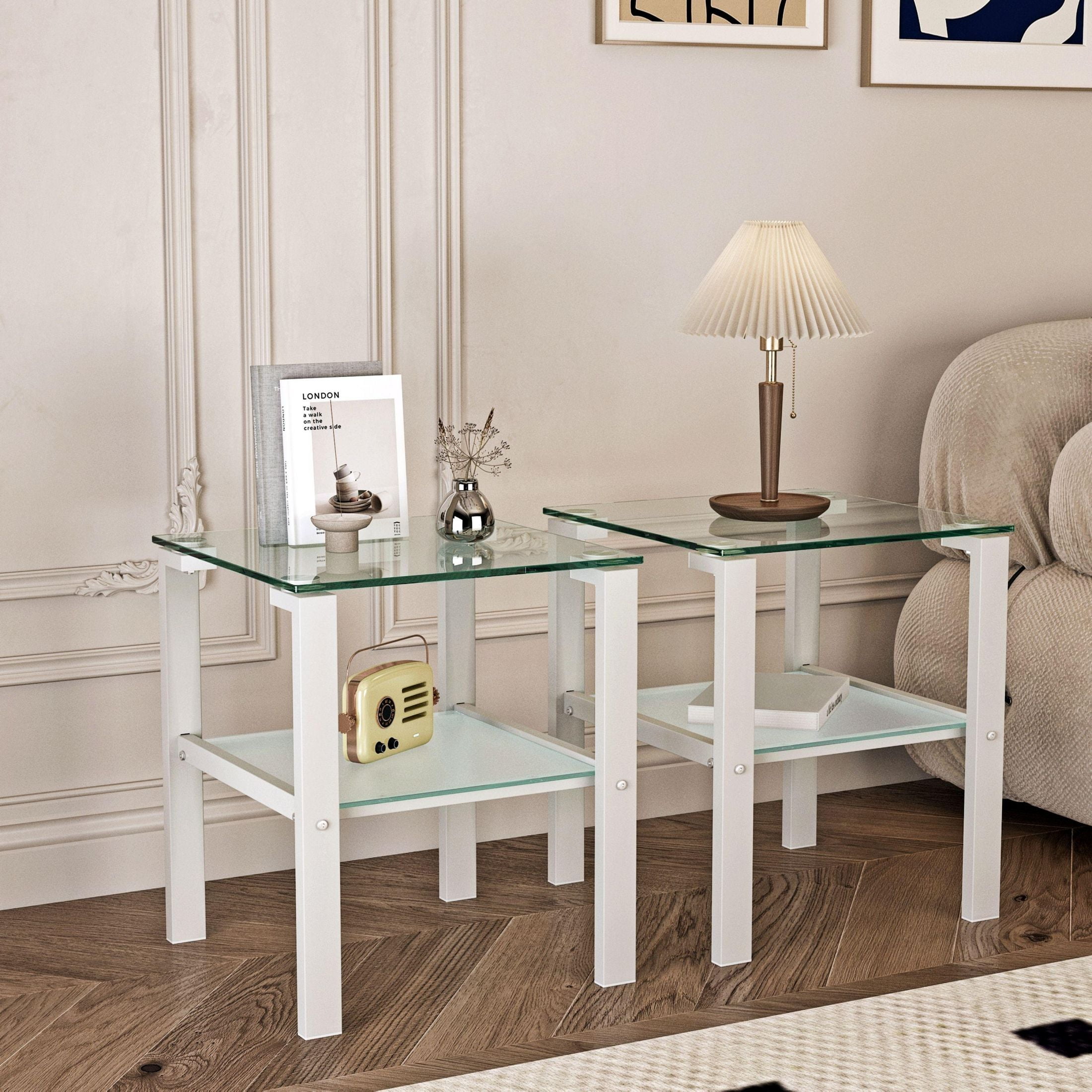 Set Of 2, Glass Two Layer Tea Table, Small Round Table, Bedroom Corner ...