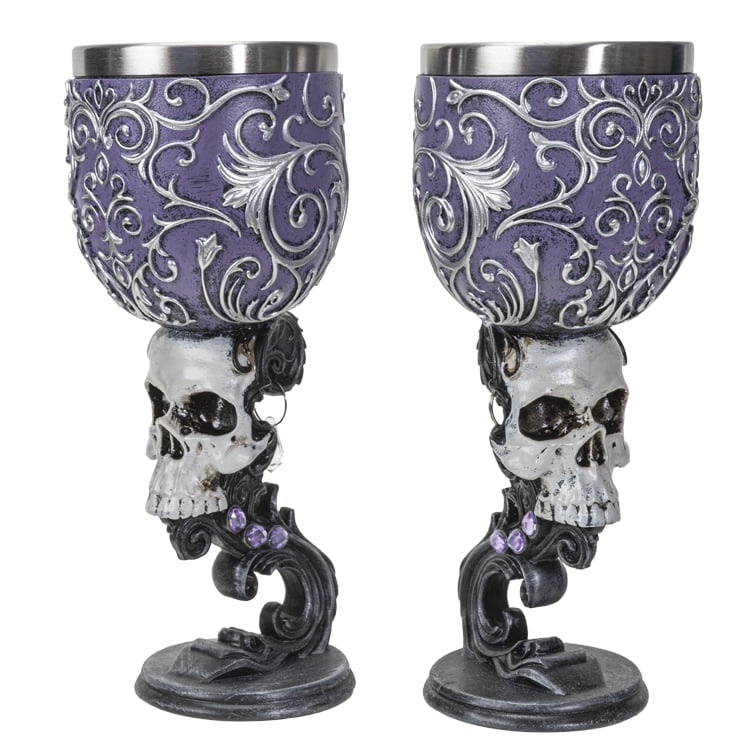 Set Of 2 Gothic Death's Desire Silver Scrollwork Victorian Skull Wine ...