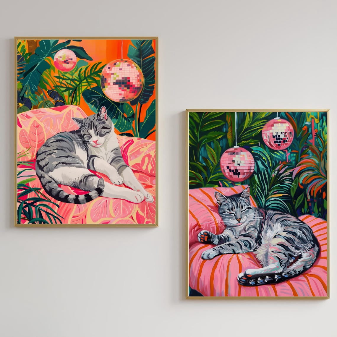 Set Of 2 Gray Cat Wall Art Prints, Wall White And Tabby Disco Cozy Grey ...