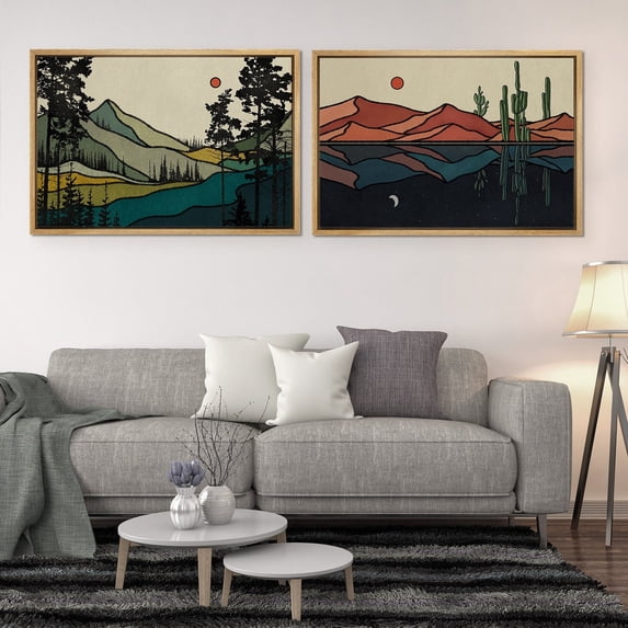 Set Of 2 Mountain Nature Landscape Abstract Mid Century Modern Boho ...