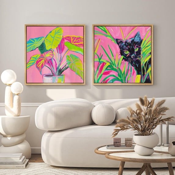 Set Of 2 Neon Cat Wall Art Prints, Pink Pop Art, Tropical Plants And ...
