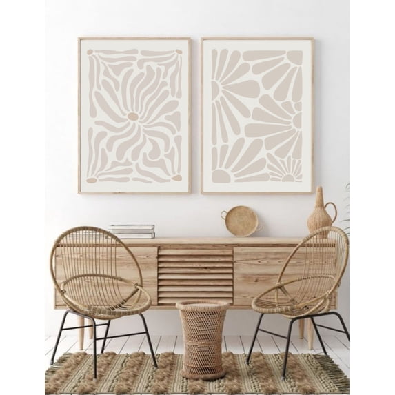 Set Of 2 Neutral Wall Art Prints, Boho Flower, Beige Abstract ...