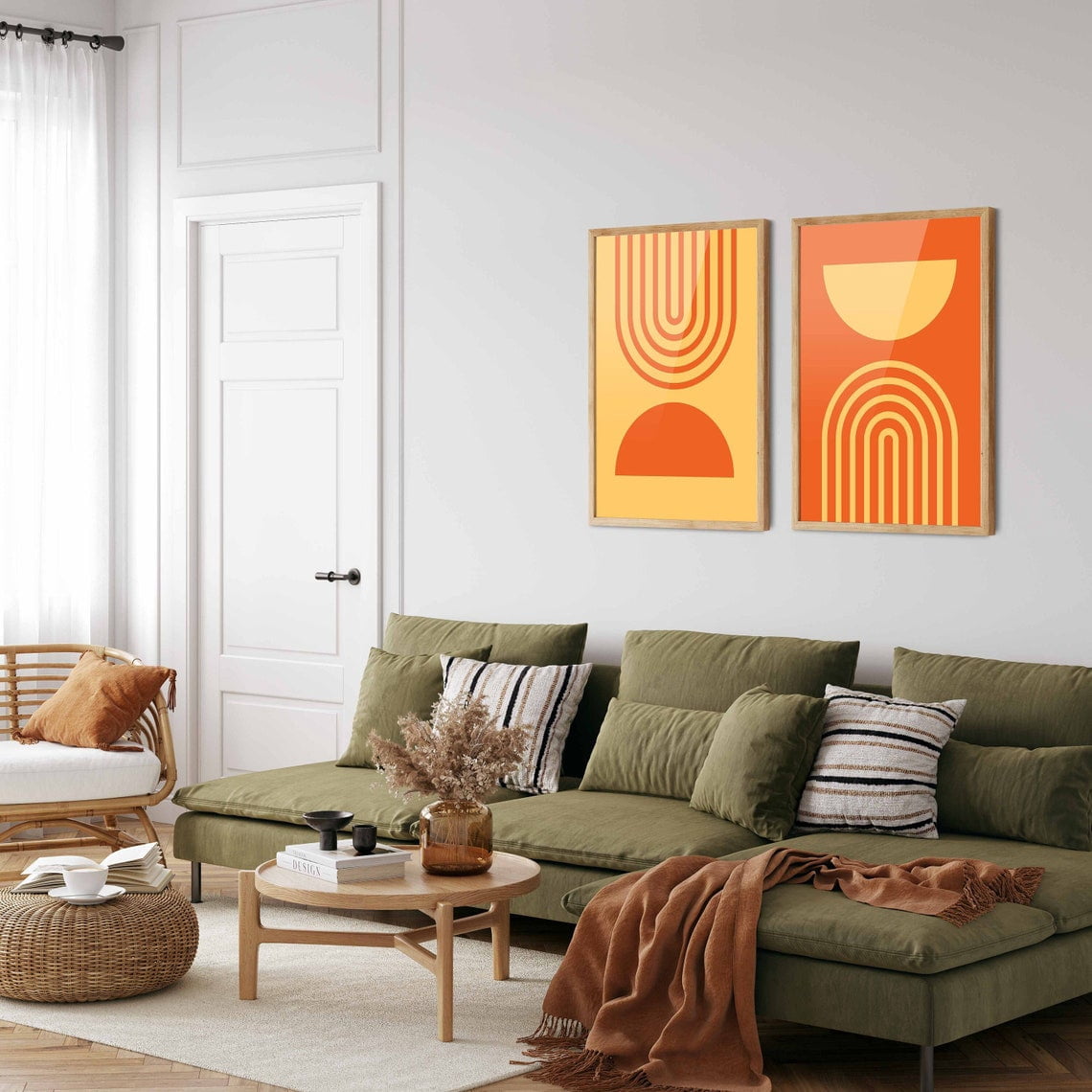Set Of 2 Orange Geometric Wall Art Prints, Mid Century Modern Boho ...