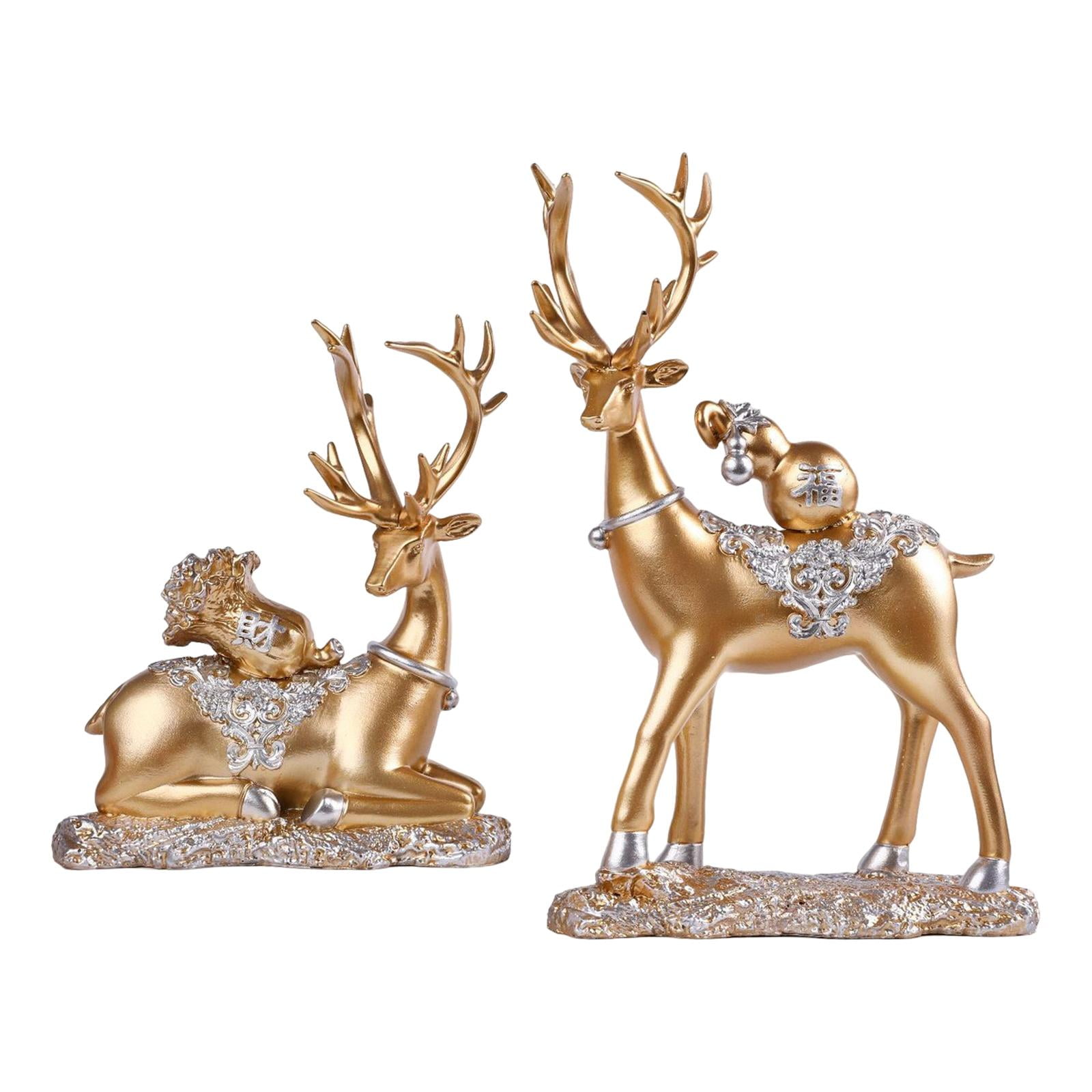 Set Of 2 Reindeer Figurines Decorative Art Works Elk Sculpture Table ...