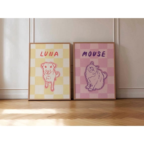 Set Of 2 Retro Pet Portrait Wall Art Prints, Funky Multi, Checker ...