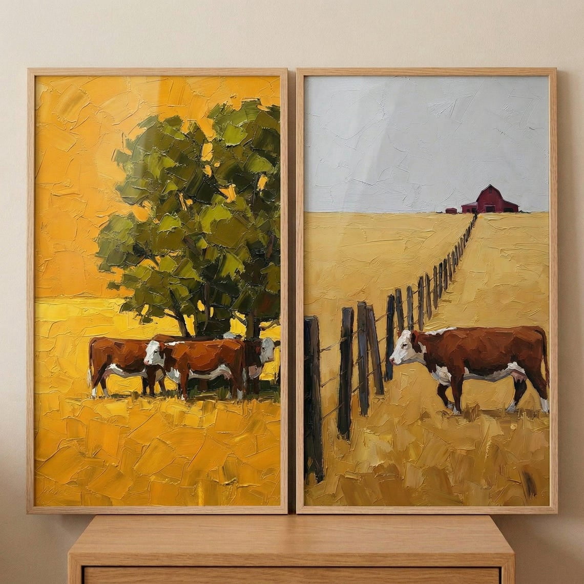 Set Of 2 Rustic Country Cows Wall Art Prints, Farmhouse Landscape, Red ...