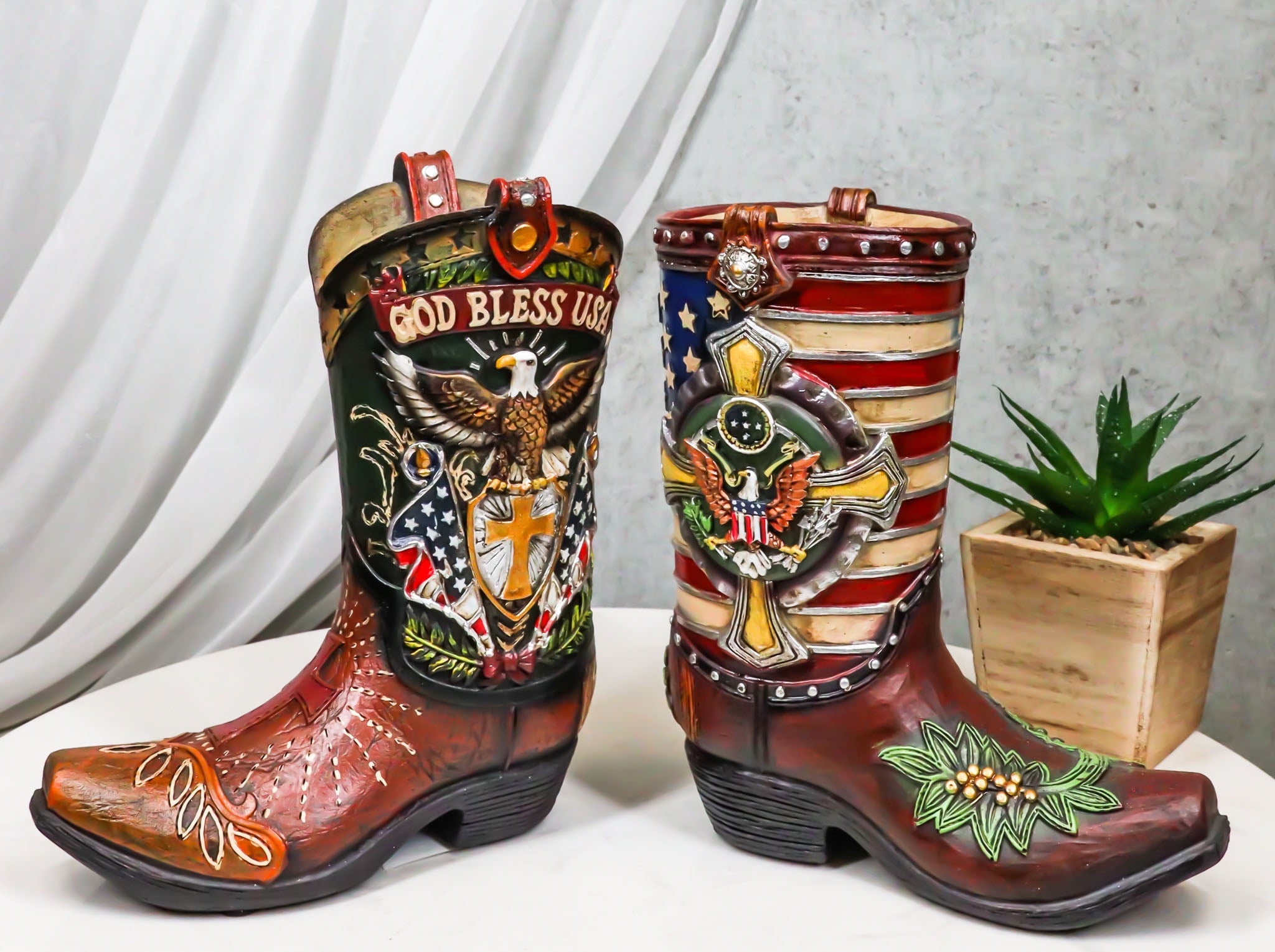 Set Of 2 Rustic Western Patriotic USA Flag Military Cowboy Boot Money ...