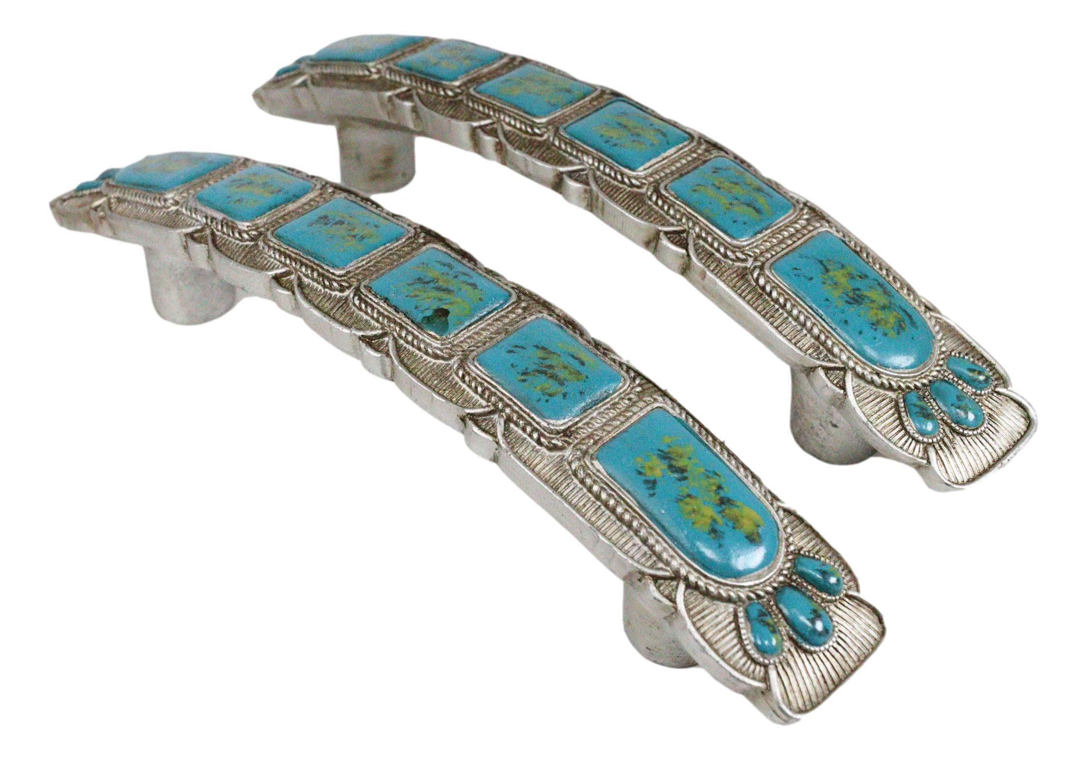 Set Of 2 Rustic Western Silver Turquoise Boho Drawer Cabinet Door Bar ...