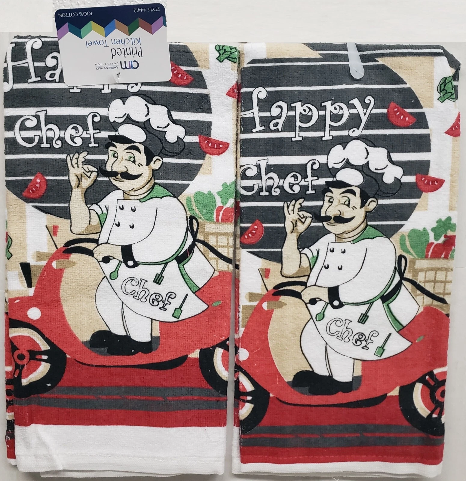 Set Of 2 Same Printed Terry Kitchen Towels (16"X26") Happy Fat Chef On ...