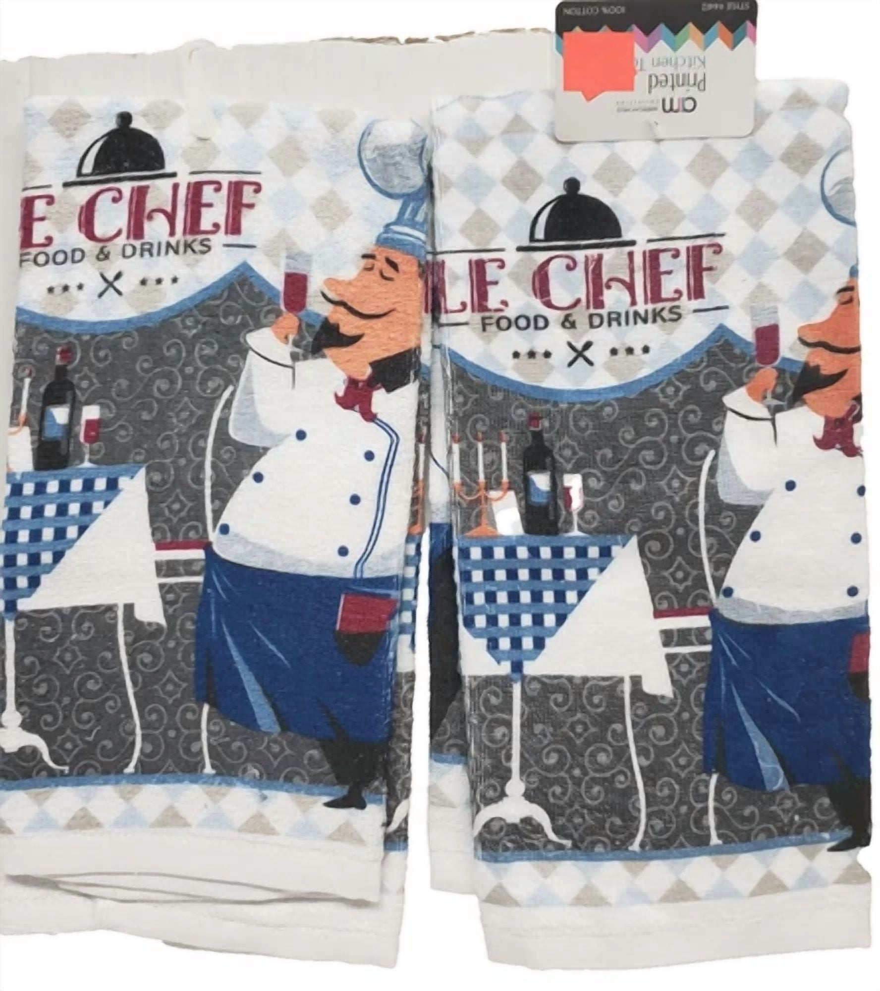 Set Of 2 Same Printed Terry Towels (16" X 26") Fat Chef, Food & Drinks ...