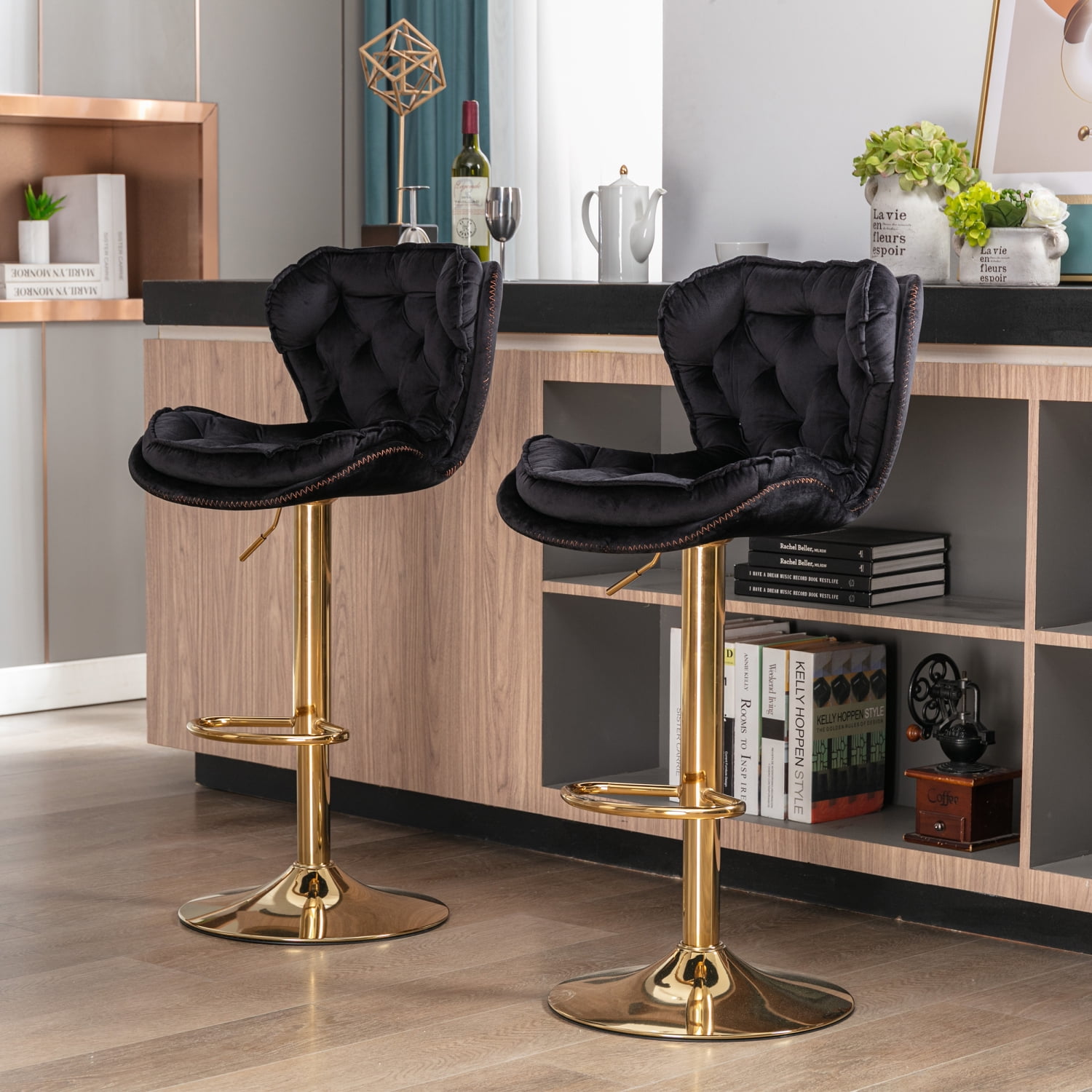 Set Of 2 Stools with Chrome Footrest & Base, Swivel Height Adjustable ...