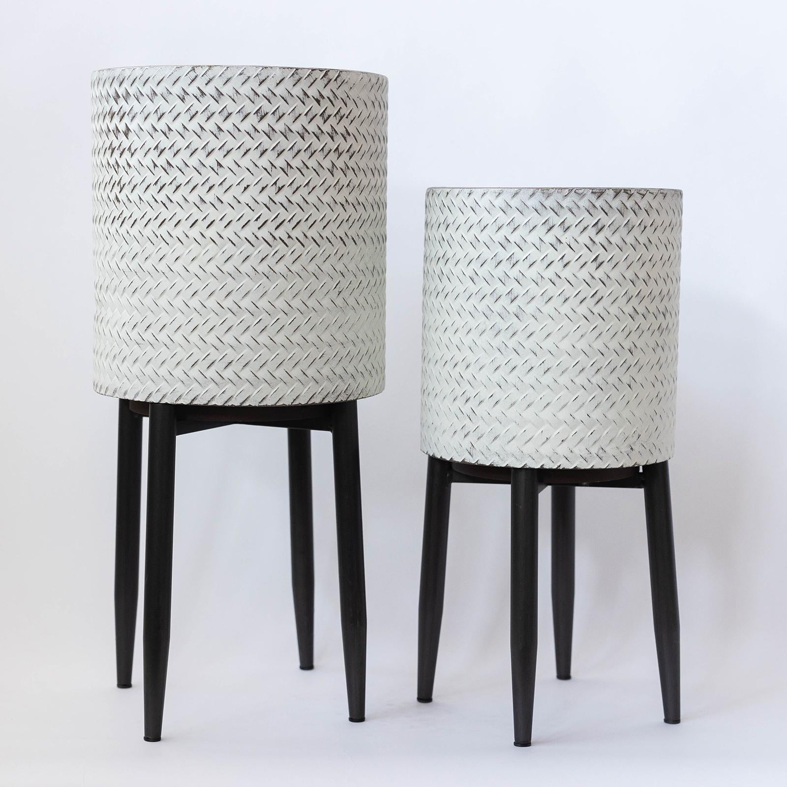 Set Of 2 Washed White Metal Pots On Brown Metal Legs Plant Stand ...