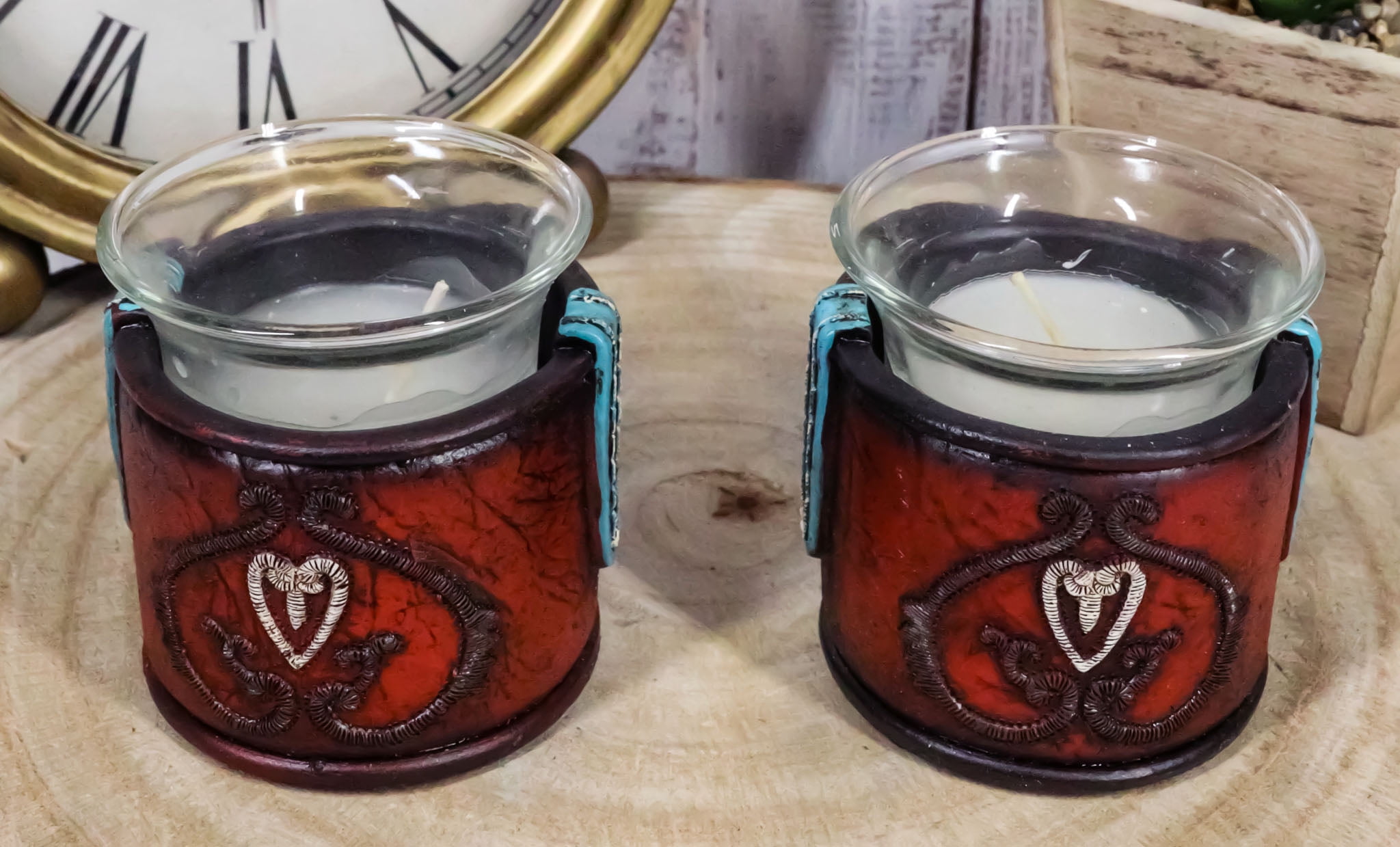 Set Of 2 Western Cowgirl Love Heart Scrollwork Faux Leather Votive ...