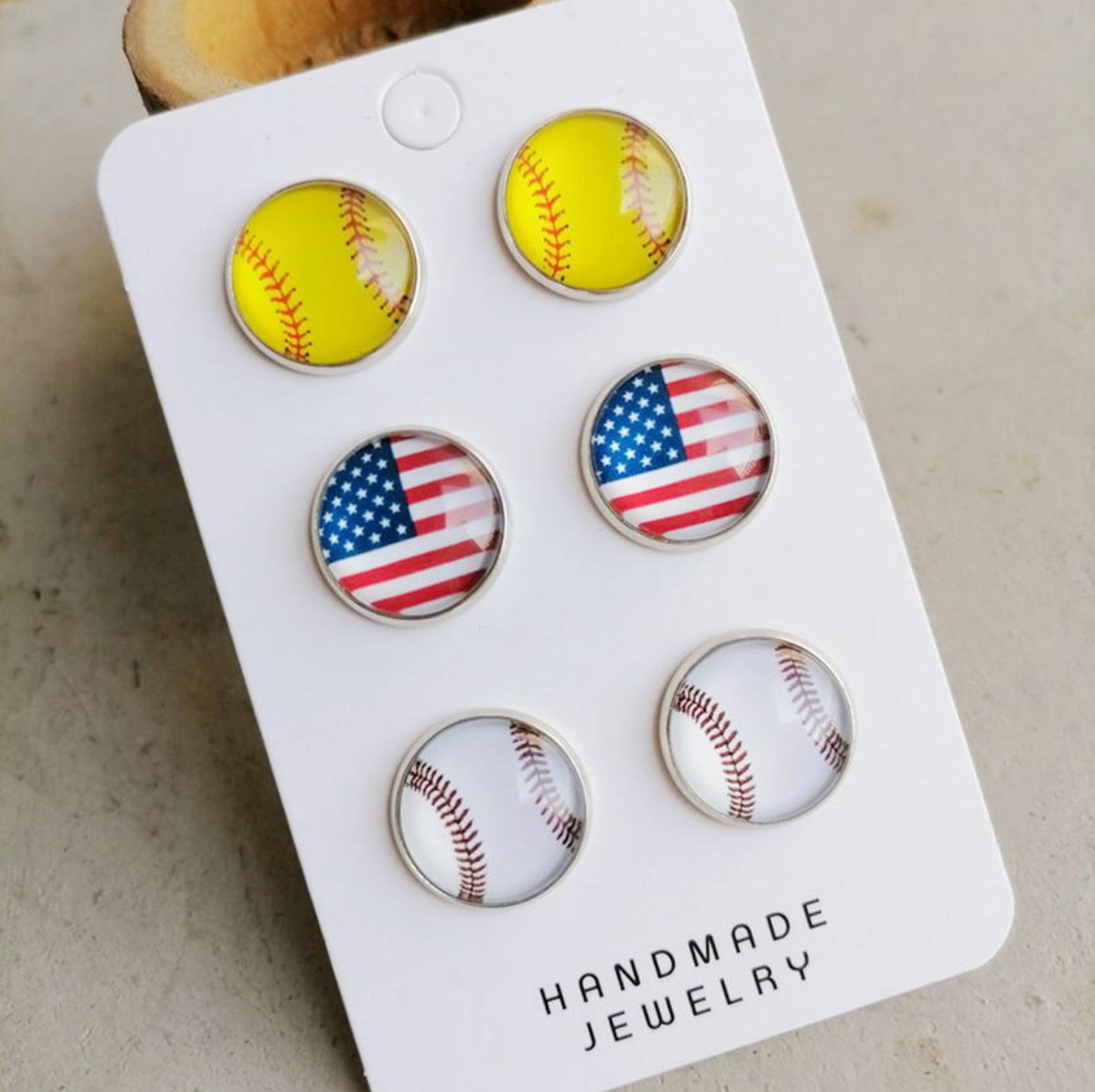 Set Of 3 Baseball & American Flag Stud Earrings - Walmart.com