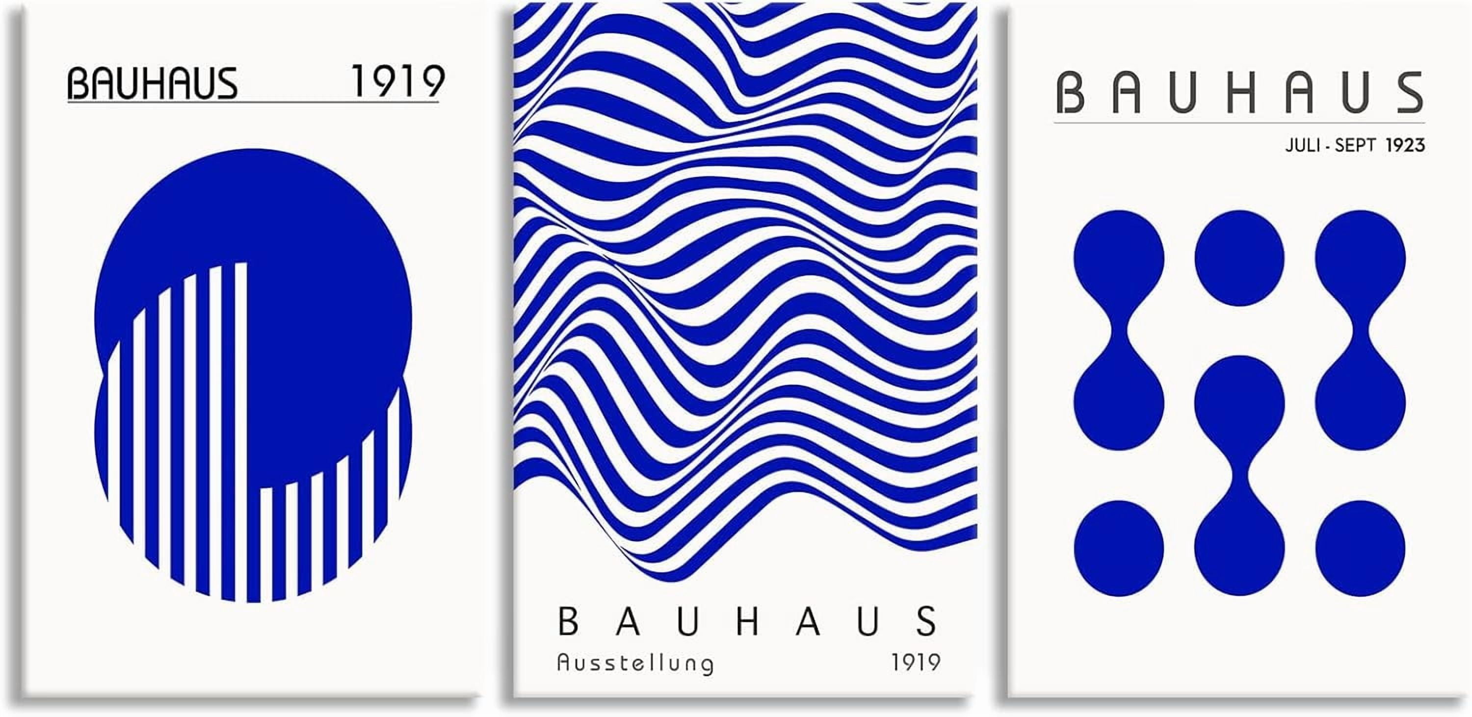 Set Of 3 Blue Bauhaus Line Art Canvas Prints - Retro 1919-1923 Abstract ...