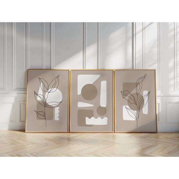 Set Of 3 Boho Wall Art Prints, Abstract Geometric, Floral Beige Black ...