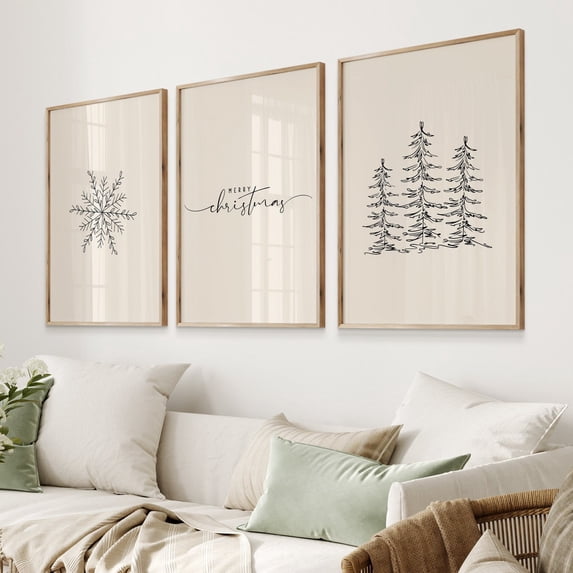 Set Of 3 Christmas Wall Art Prints, Merry, Line, Black Minimalist, Hand ...