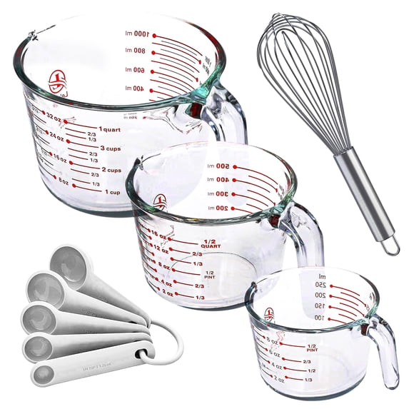 Set Of 3 Glass Measuring Cups With Spoons & Whisk - Kitchen Mixing Bowl ...