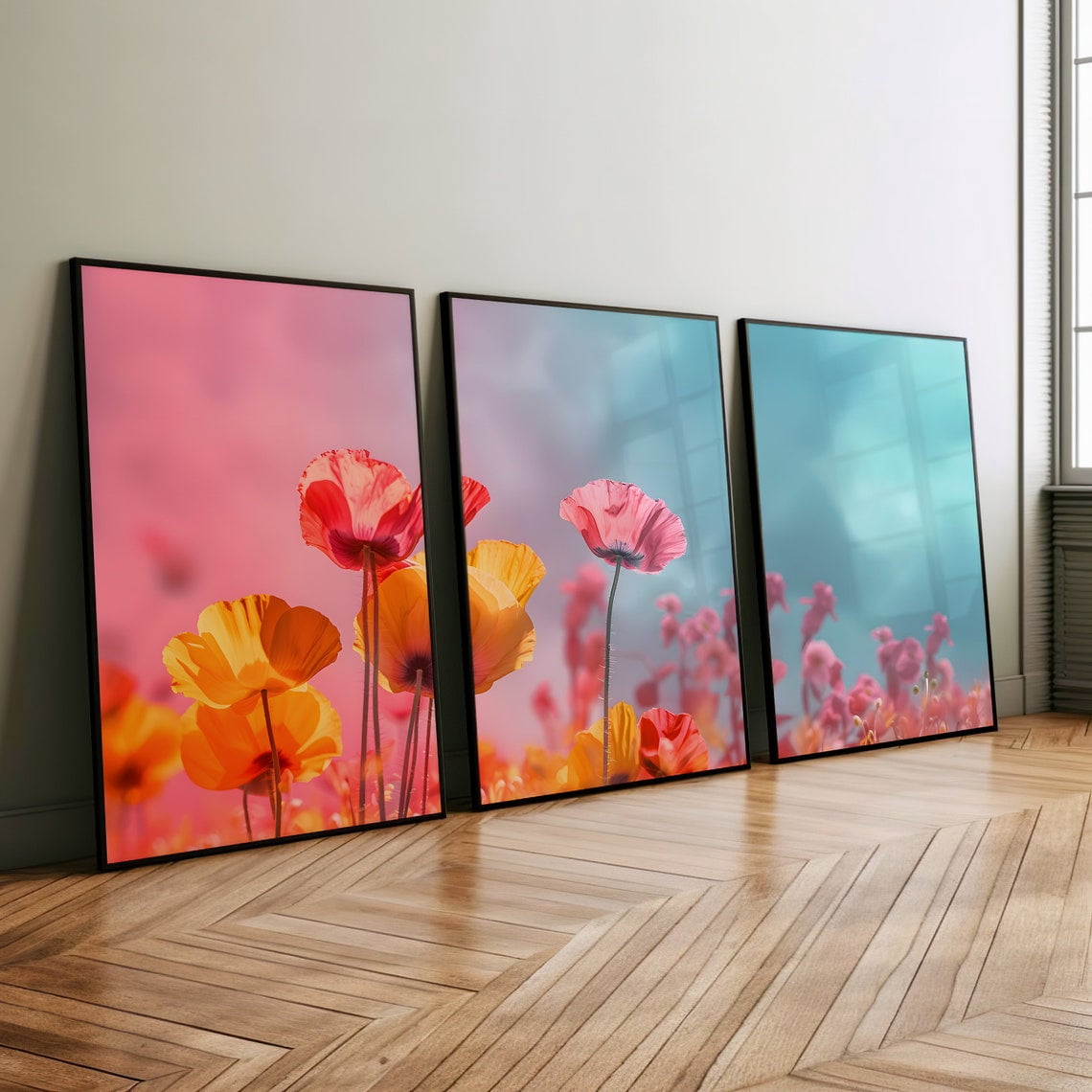 Set Of 3 Gradient Poppies Wall Art Prints, Yellow And Pink Pastel Color ...