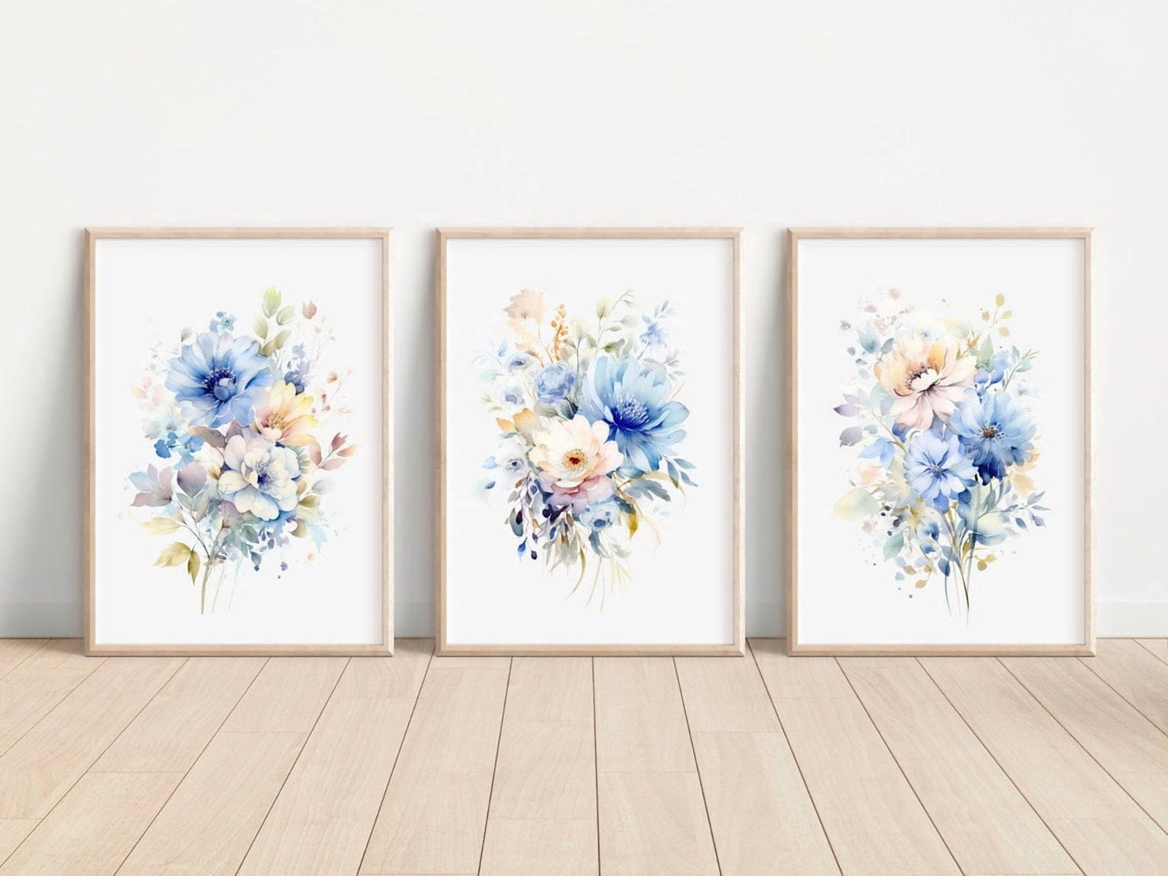 Set Of 3 Light Blue Flower Floral Wall Art Prints, Botanical Bedroom ...