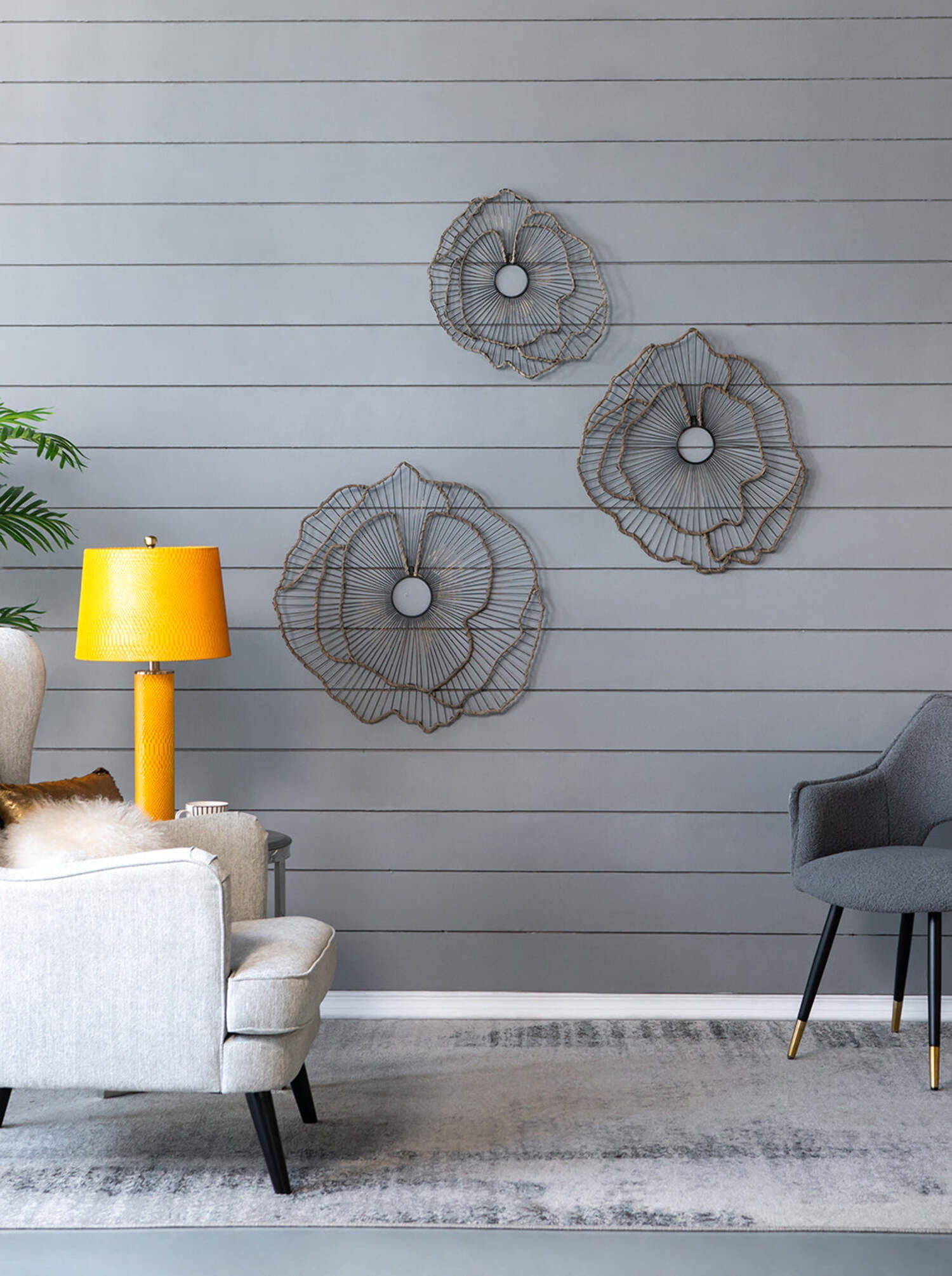 Set Of 3 Metal Flowers Wall Decor, Transitional Wall Floral Sculpture ...