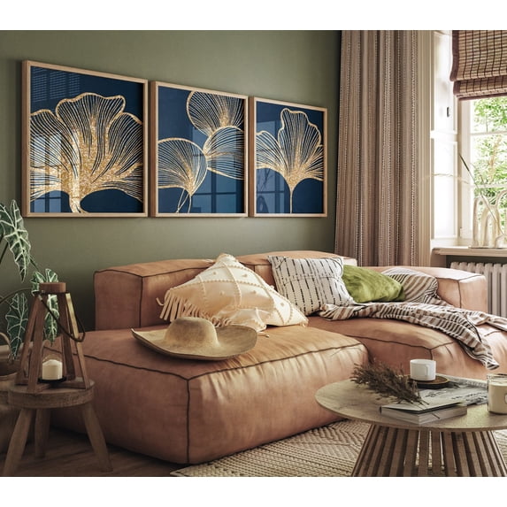 Set Of 3 Navy Blue And Gold Wall Art Prints, Botanical Leaves, Floral ...