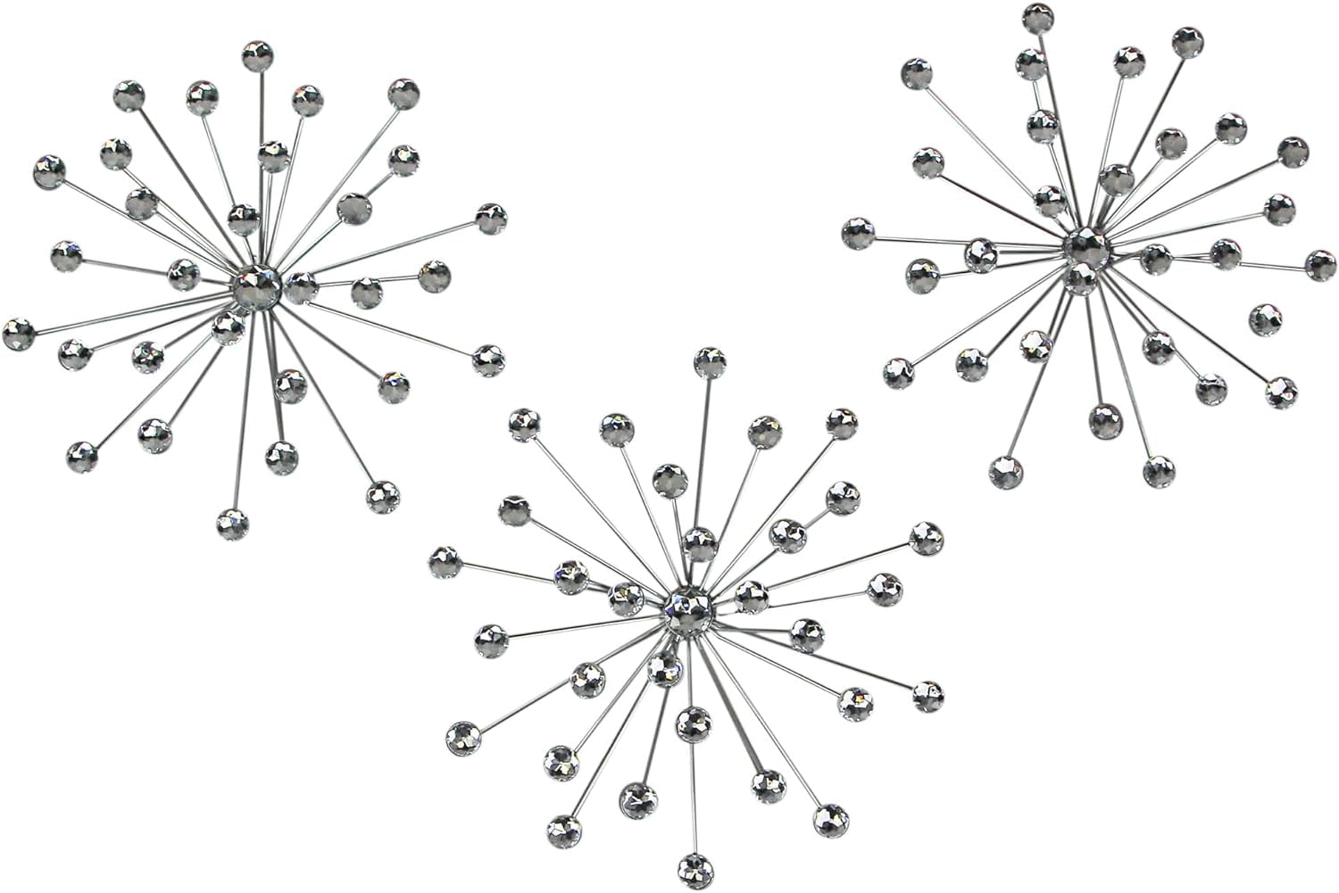 Set Of 3 Silver Starburst Jeweled Metal Decorative Wall Art Hanging ...