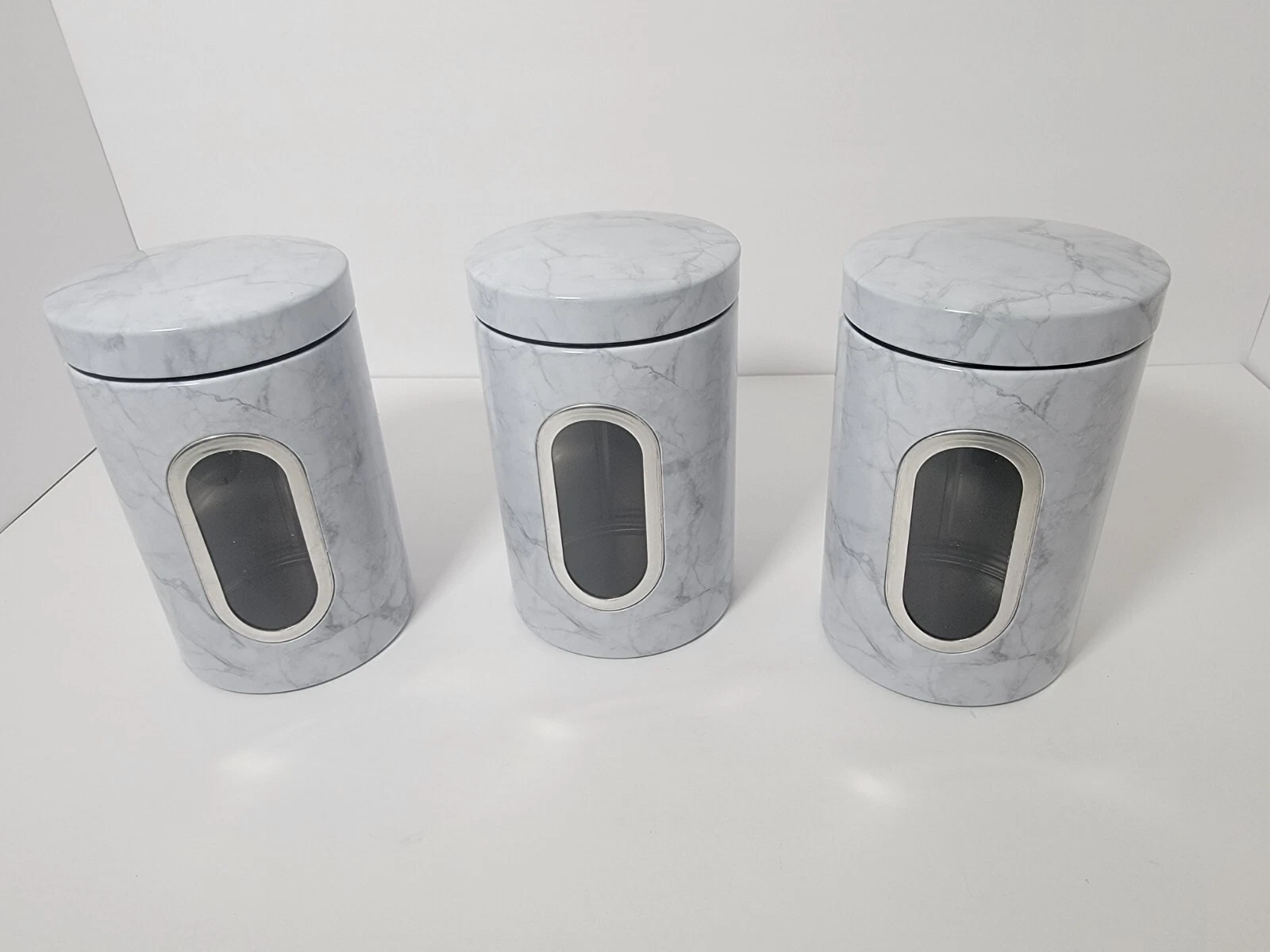 Set Of 3 Stainless Steel Food Storage Containers Granite Effect ...