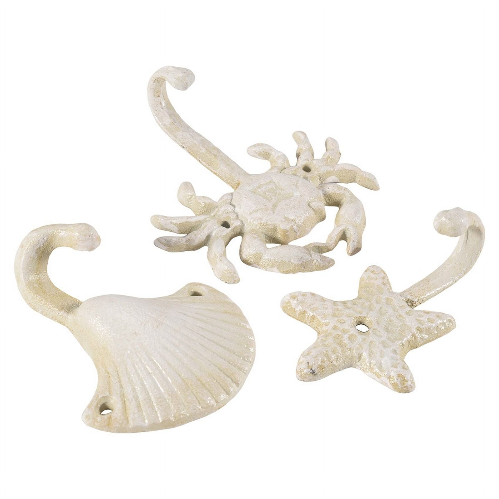 Set Of 3 Starfish Seashell Crab Cast Iron Decorative Wall Hooks Coats ...