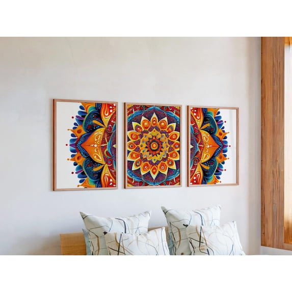 Set Of 3 Teal Gold Mandala Vibrant Geometric Triptych Warm Floral Boho ...