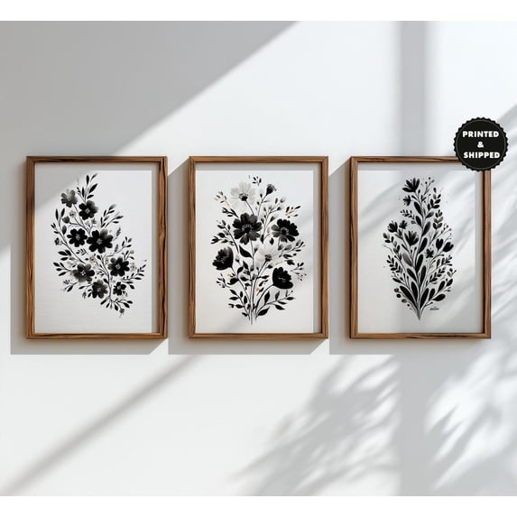 Set Of 3 Vintage Black And White Botanical Floral Wall Art Prints ...
