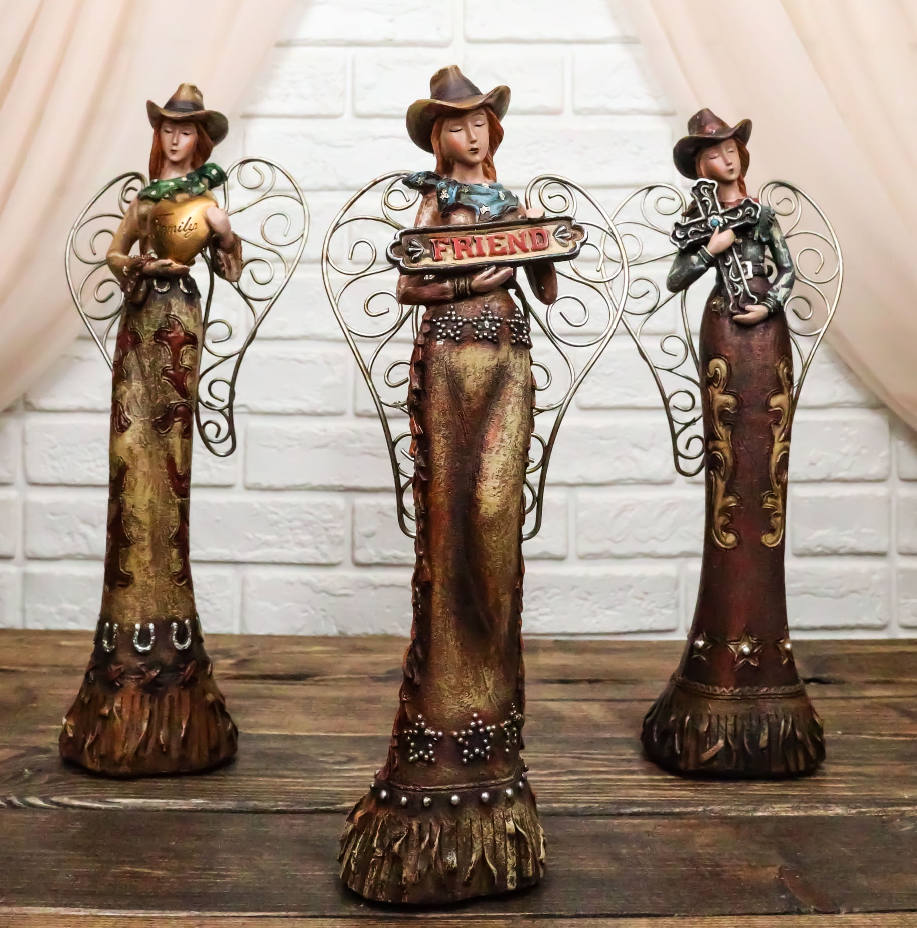 Set Of 3 Western Cowgirl Angels With Family Heart Cross Friend Sign ...