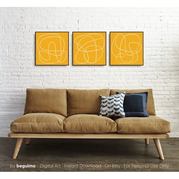 Set Of 3 Yellow Wall Art Prints, Minimalist Line, Abstract Mustard, Mid ...