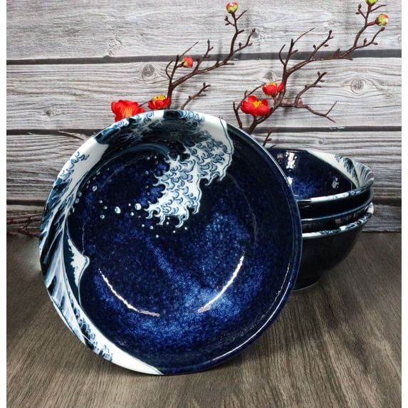 Set Of 4 Blue Japanese Hokusai Great Wave Porcelain Large Ramen Soup ...