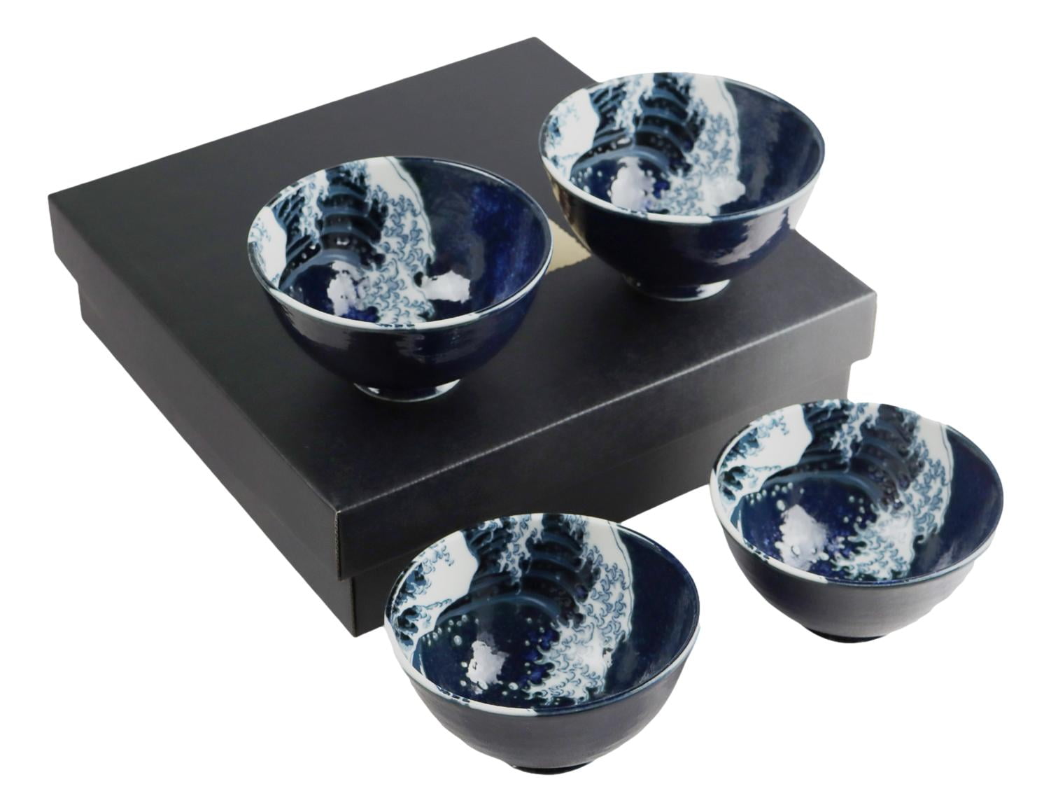 Set Of 4 Blue Japanese Hokusai Great Wave Porcelain Soup Rice Dessert ...
