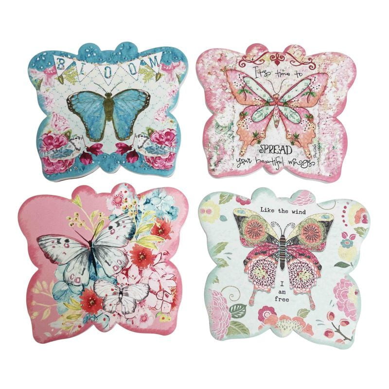 Set Of 4 Colorful Butterflies On Butterfly Shaped Coasters - Walmart.com