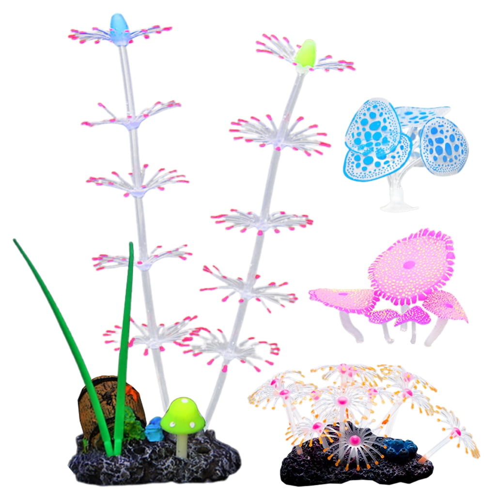 Set Of 4 Fluorescent Color Coral Grass Aquariums Decoration With Life ...