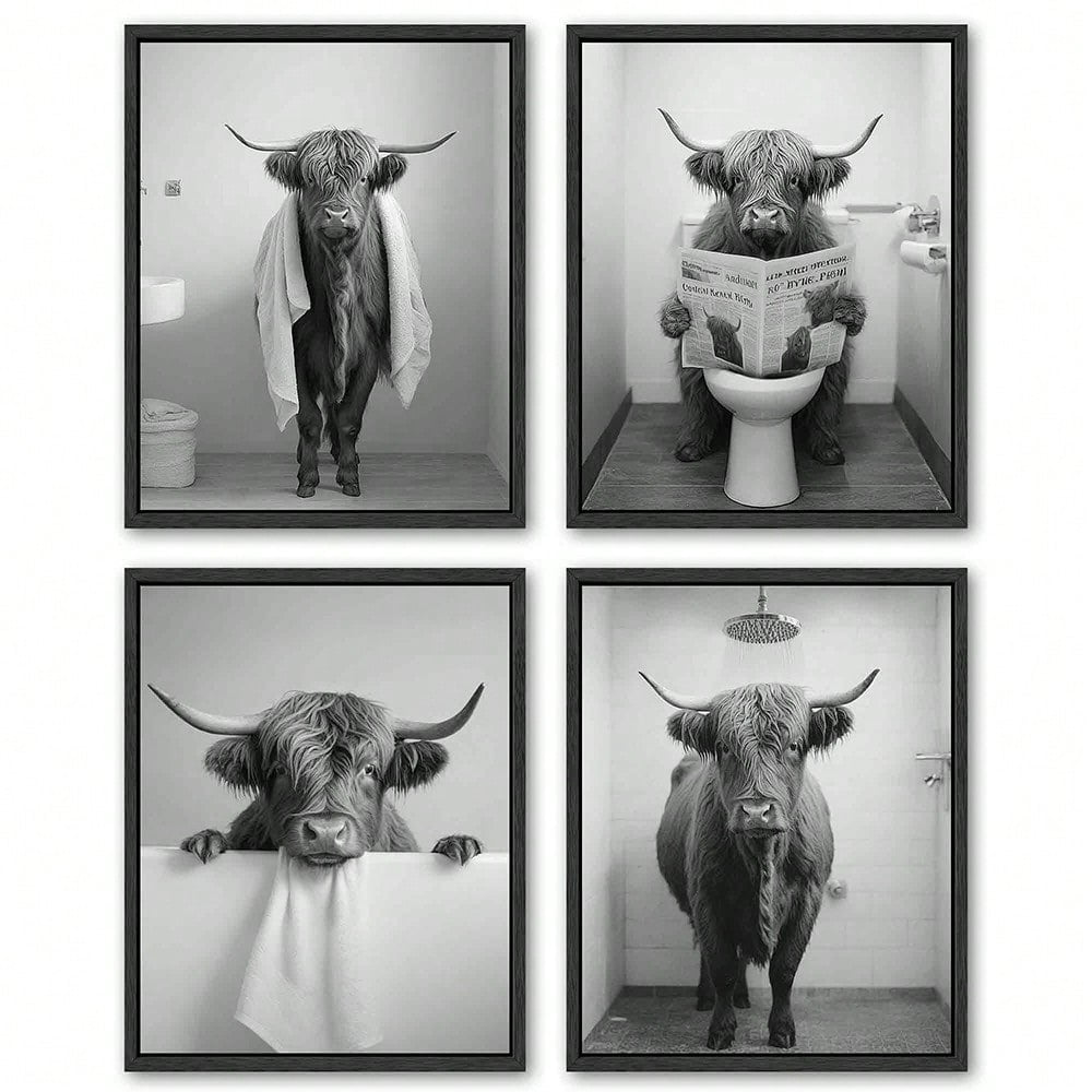 Set Of 4 Funny Animal Bathroom Wall Art Highland Cow Framed Rustic Cute ...