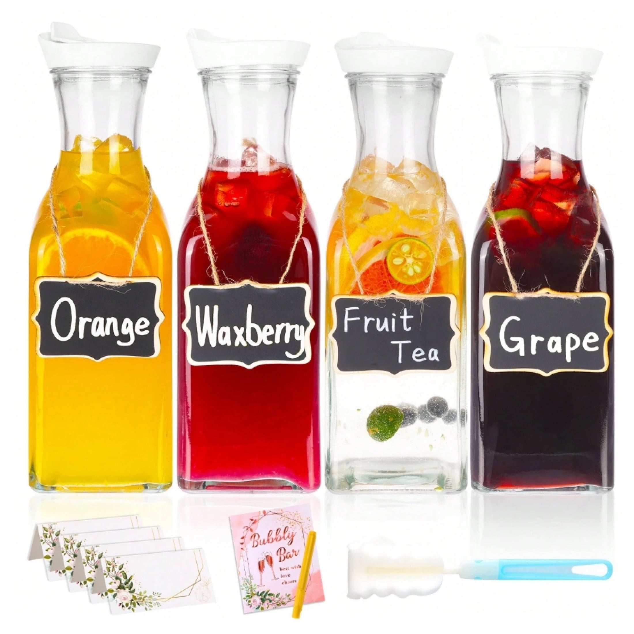 Set Of 4 Glass Carafe With Lids, 1.5 L (50oz) Beverage Serveware Carafe ...